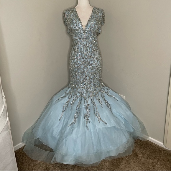 Jovani | Dresses | Jovani Light Blue Silver Beaded Rhinestone Mermaid ...